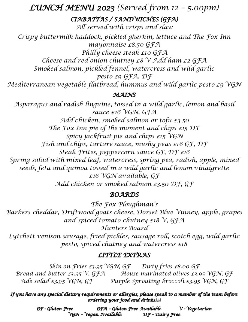 Menu | The Fox Inn Corfe Castle